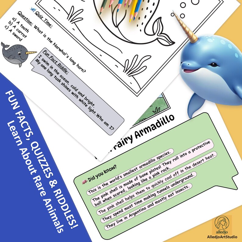 Rare Animals Educational Coloring Pages | Pink Armadillo, Narwhal, Mole ...