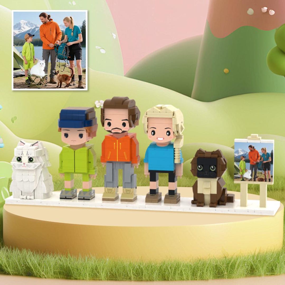 Custom Full-body Cute Brick Figures of 3 People and 2 Cats With Frame ...