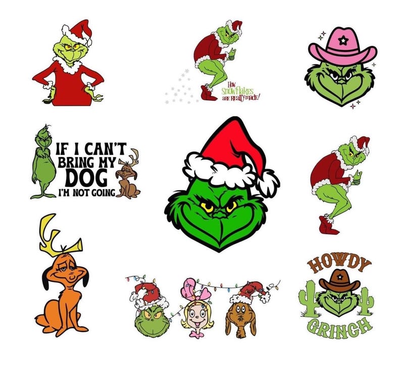 Grinch Bundle Png,funny Christmas Clipart Set,max the Dog,cowboy Grinch ...