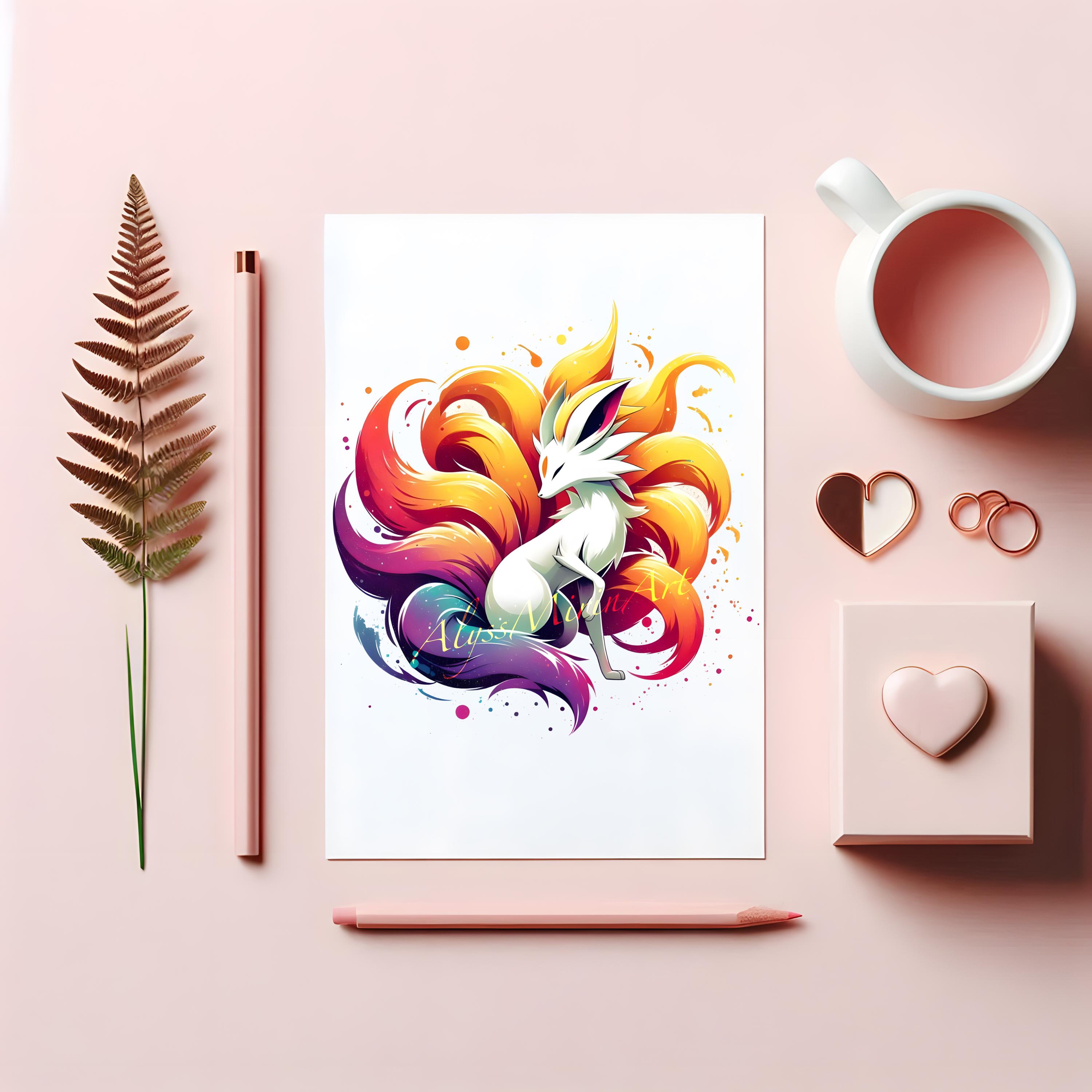 Rainbow Kitsune Clipart: Watercolor Fox Fire Decal PNG - Digital ...