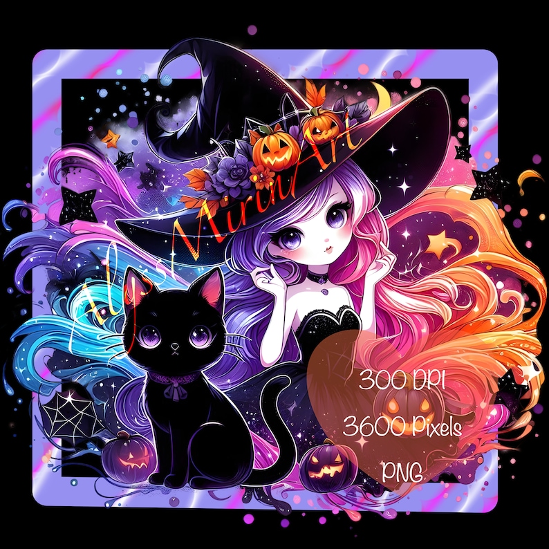 Rainbow Witch and Black Cat Clipart: Halloween PNG - Digital Download File - DIY Crafts ...
