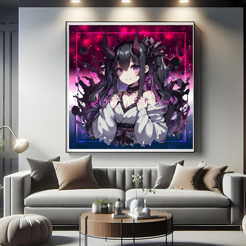 Cute Anime Oni Demon Girl - Vibrant Watercolor Splash Decal Anime Video ...