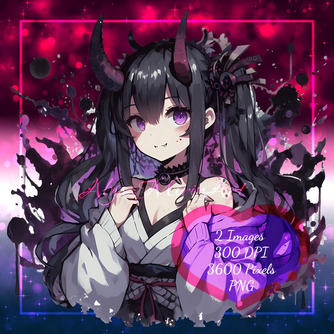 Cute Anime Oni Demon Girl - Vibrant Watercolor Splash Decal Anime Video ...