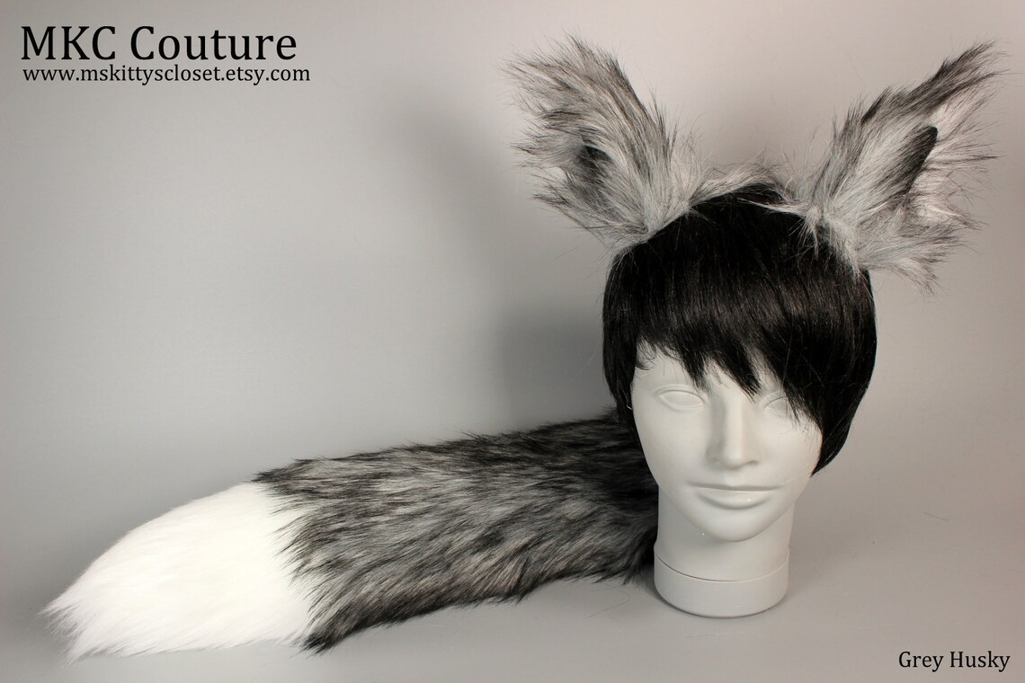 Grey Husky Faux Fur Costume Set: Ears & Tail - Cosplay Furry Accessory ...