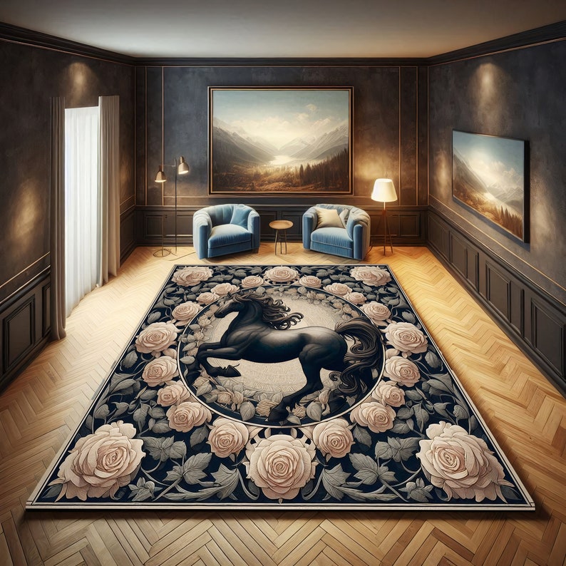 Horse Decor Rug, Horse Flower Rug, Black Horse Rug, Knight Horse ...