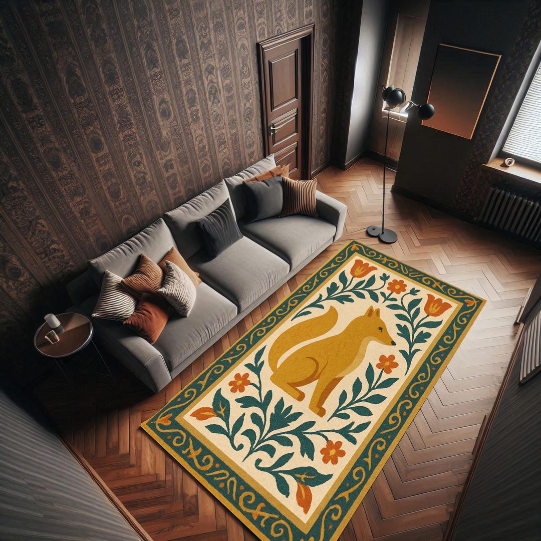 Fox Rug: Whimsical Folk Art Floral Carpet, Cottagecore Decor - Etsy