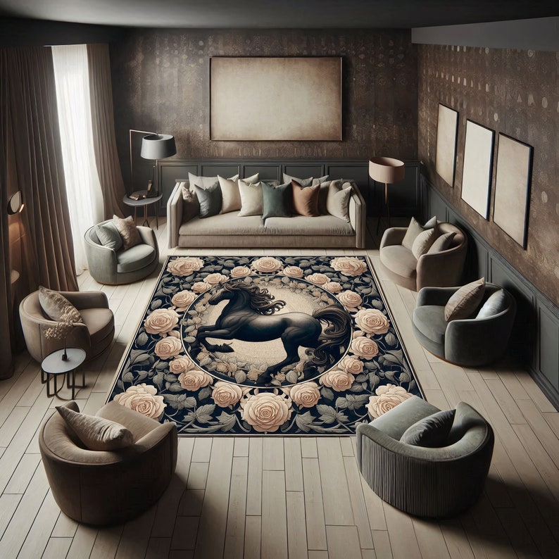 Horse Decor Rug, Horse Flower Rug, Black Horse Rug, Knight Horse ...