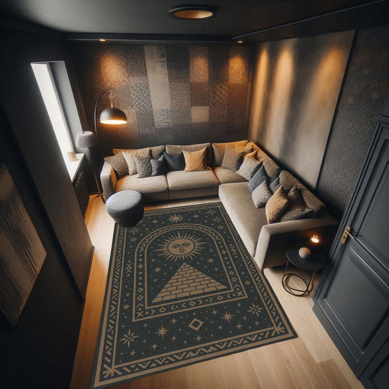 Tapis pyramide soleil - Tapis de style occulte avec visage solaire qui ...