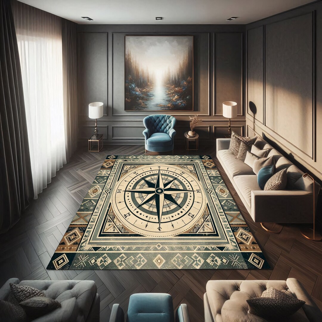 Compass Rose Rug: Nautical Boho Tribal Design, Coastal Decor - Etsy