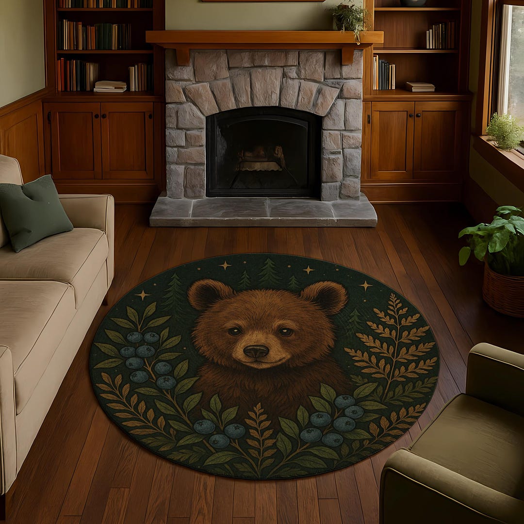 Bear Cub Round Rug: Blueberry Forest, Evergreen Night - Etsy