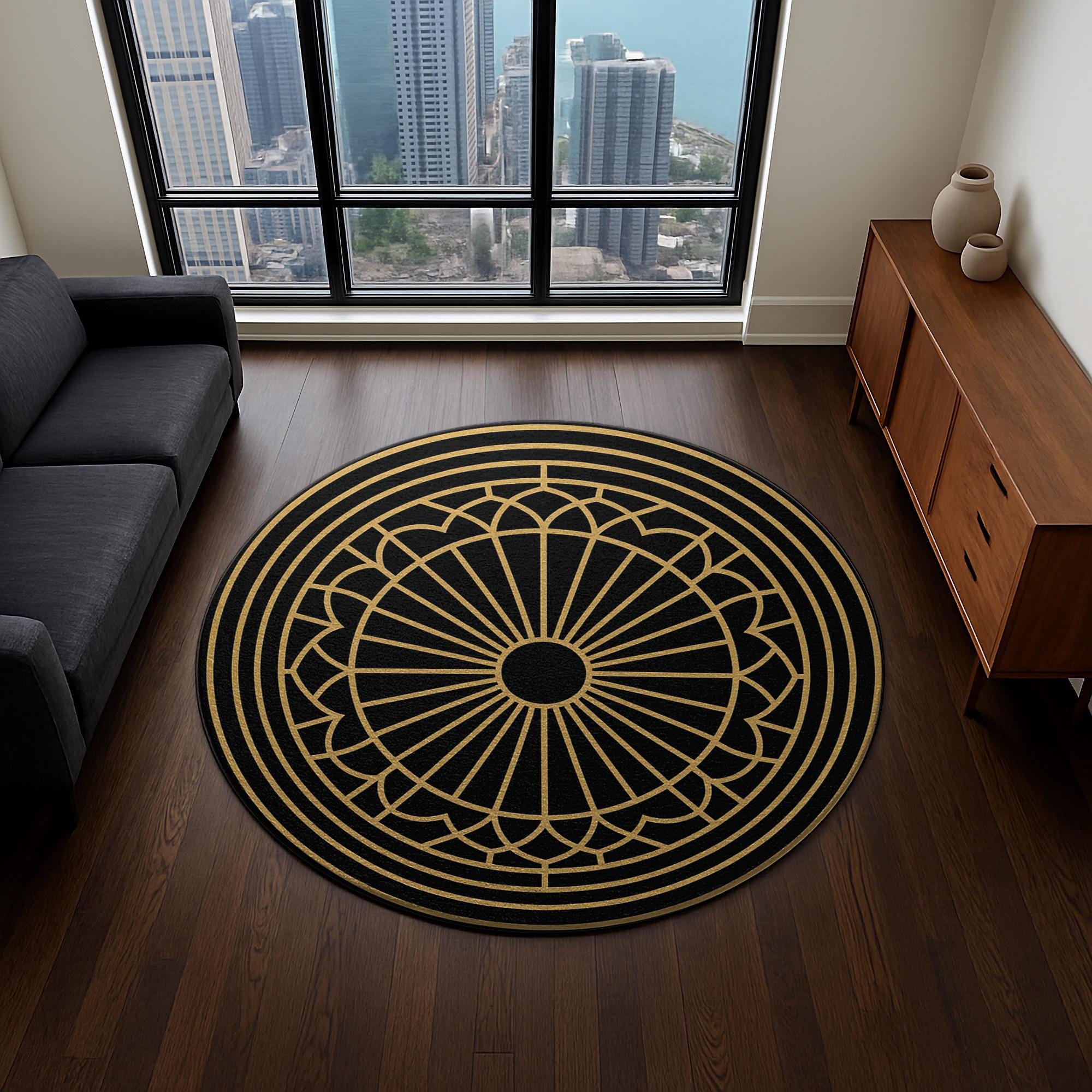 Rose Window Round Rug: Black and Gold Geometric Rosette - Etsy