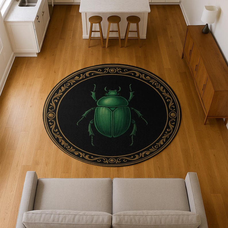 Scarab Round Rug: Egyptian Emerald on Black & Gold - Etsy UK
