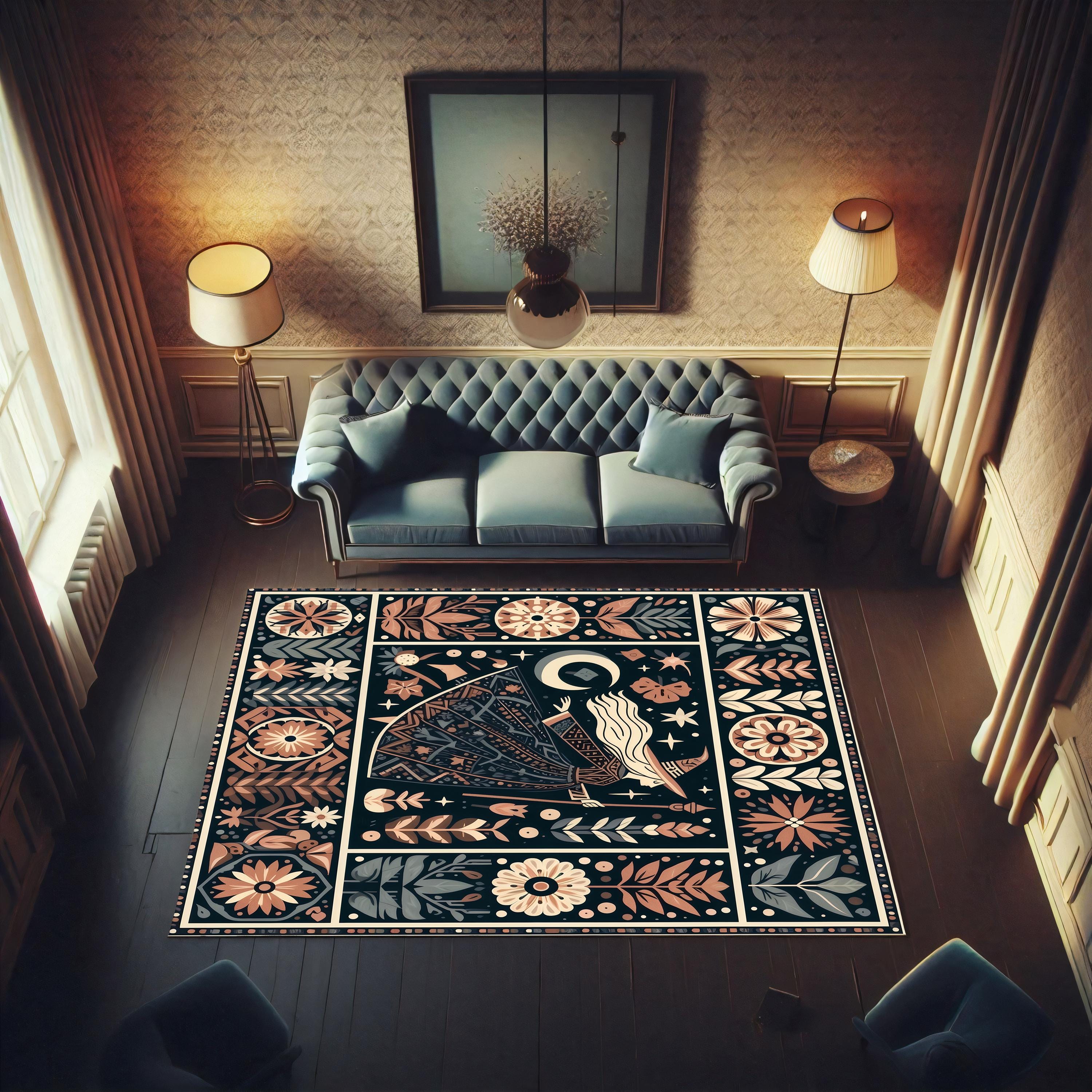 Whimsical Witch Rug: Boho Folk Art Moon & Floral Carpet - Etsy