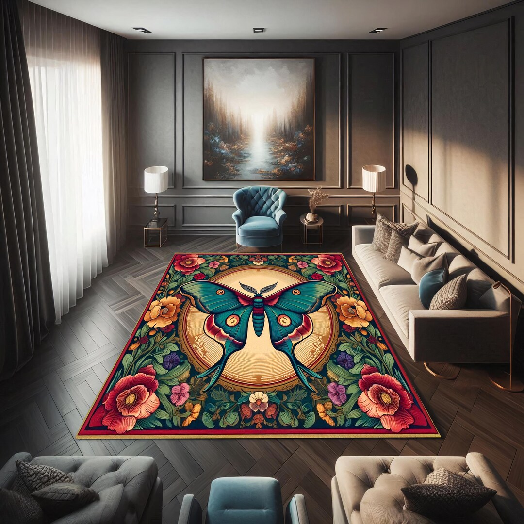 Luna Moth Medallion Rug: Teal Gold Art Nouveau Carpet - Etsy