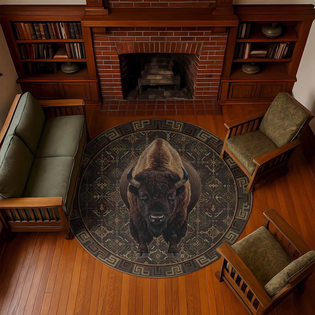 Bison Round Rug: Western Lodge, Greek Key Border - Etsy