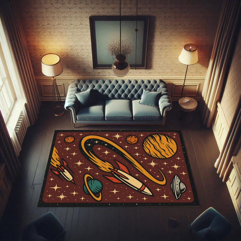 Retro Space Rug: Mid-century Modern Rocket Ship Starfield - Etsy
