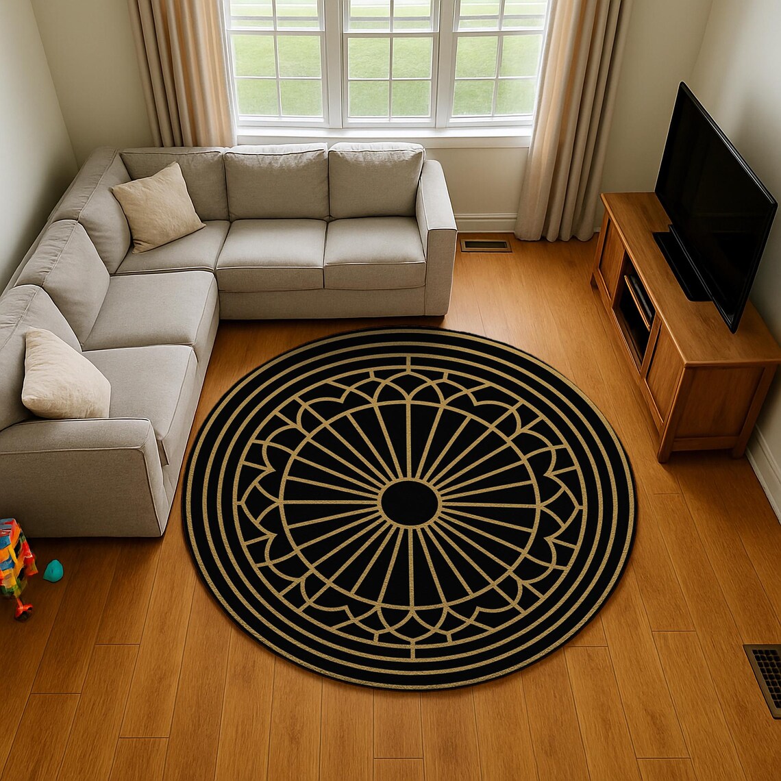 Rose Window Round Rug: Black and Gold Geometric Rosette - Etsy