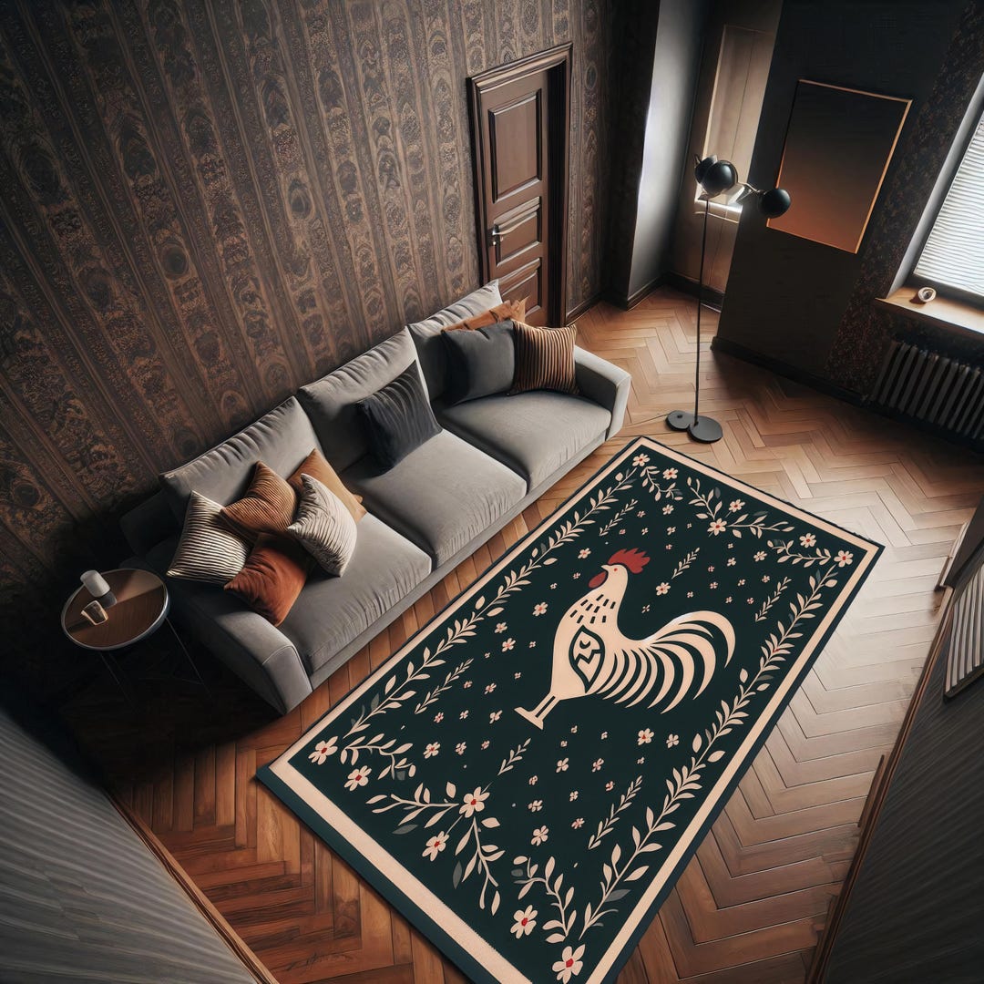 Folk Art Rooster Rug: Rustic Farmhouse Floral Chicken Carpet - Etsy