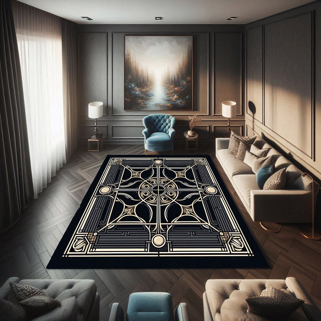 Art Deco Rug: Black & Gold Geometric Statement, Luxury Vintage Style - Etsy