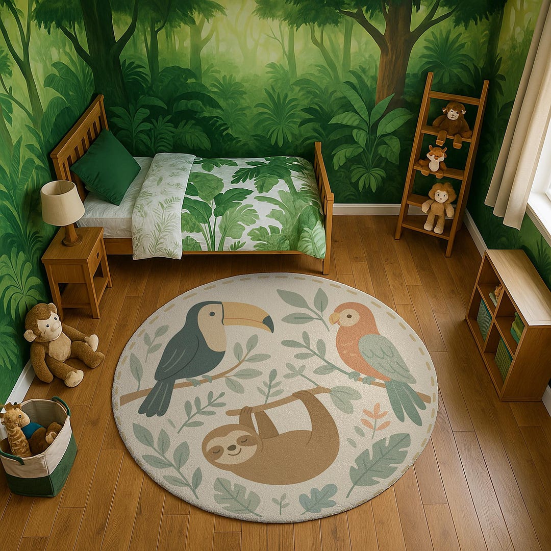Round Jungle Animals Rug, Pet-friendly Nursery Rug - Etsy
