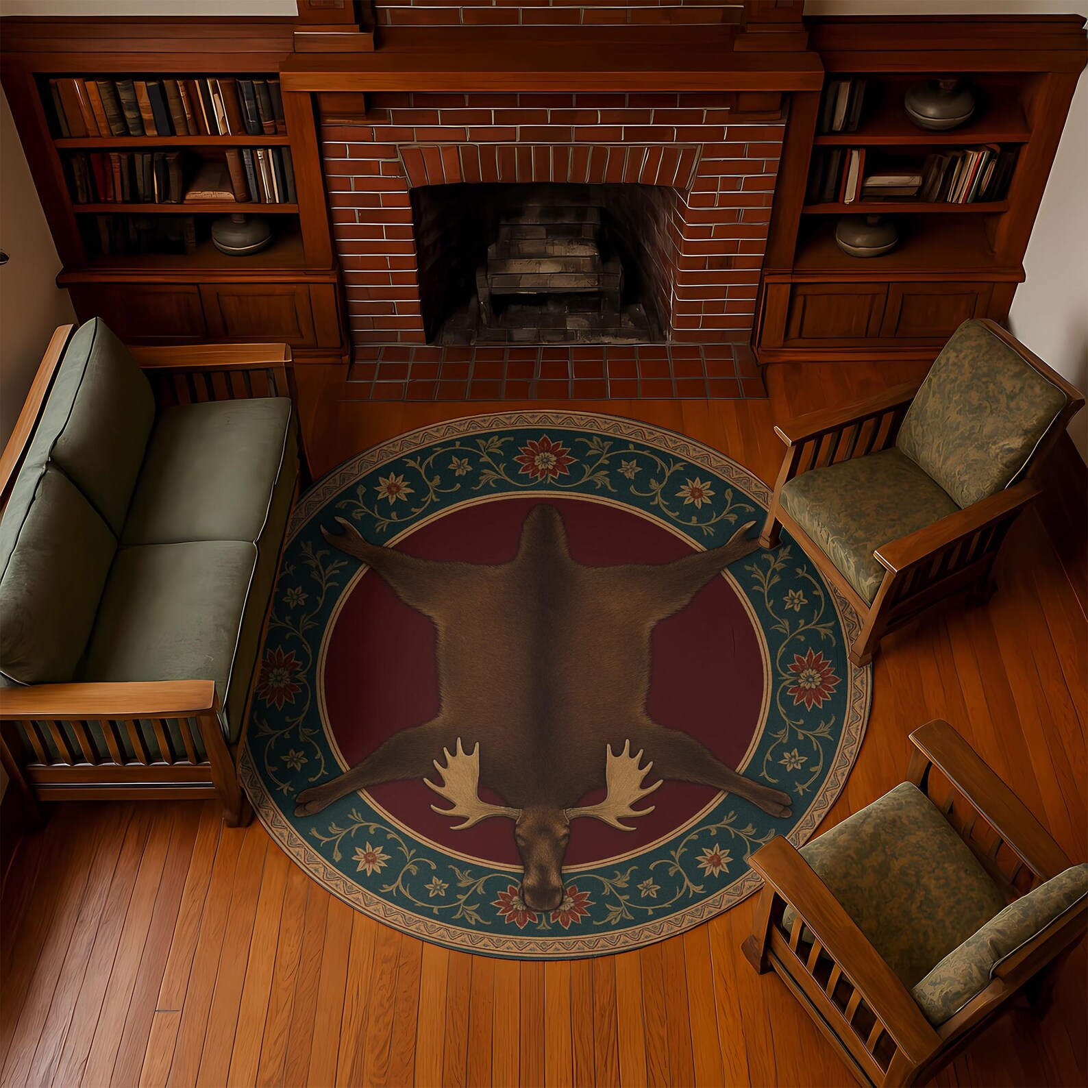 Moose Hide Round Rug: Rustic Lodge, Teal Floral Border - Etsy