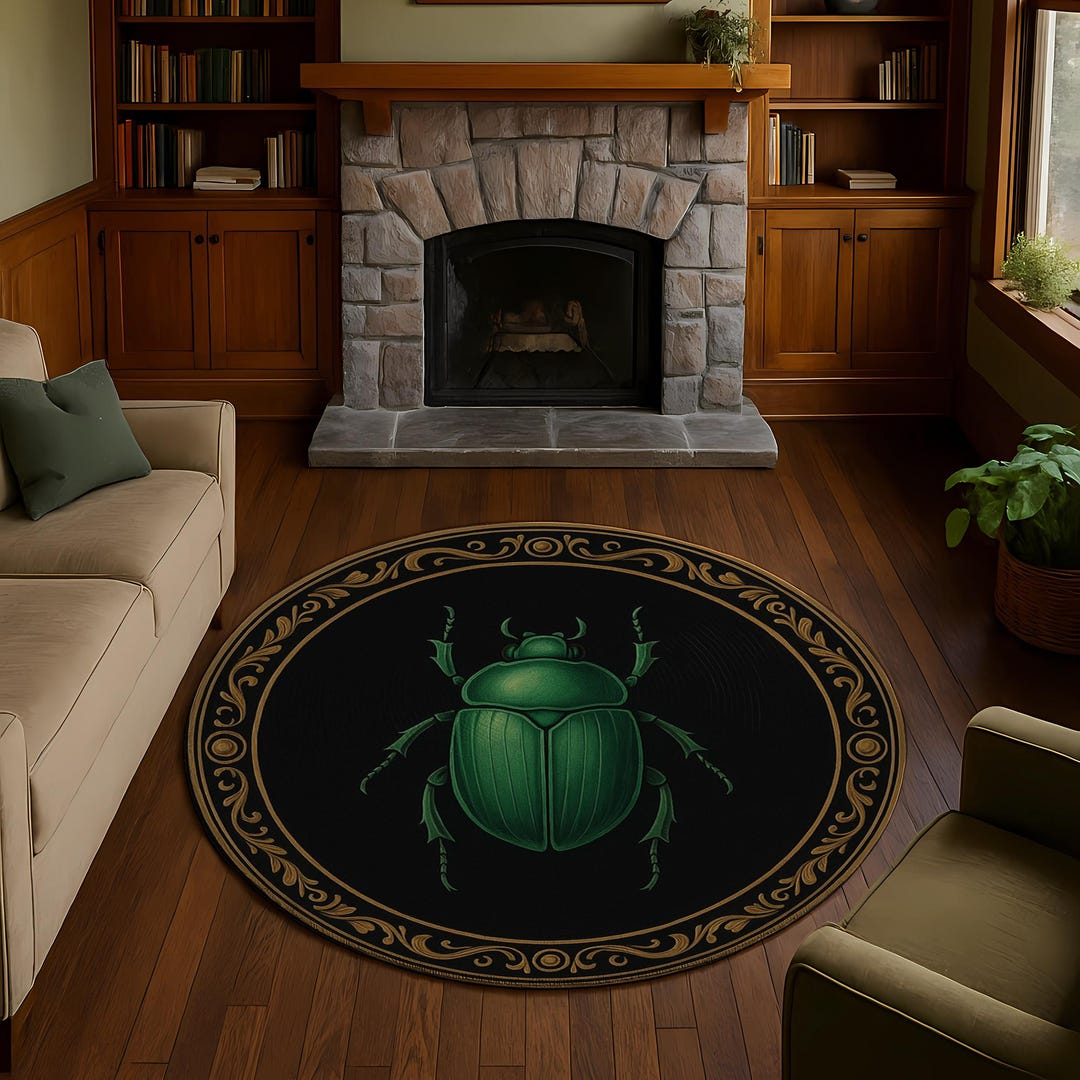 Scarab Round Rug: Egyptian Emerald on Black & Gold - Etsy UK