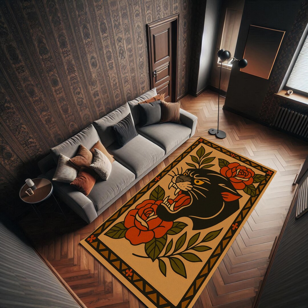 Panther Head Tattoo Rug: Rock Style Decor, Neo Traditional Art - Etsy