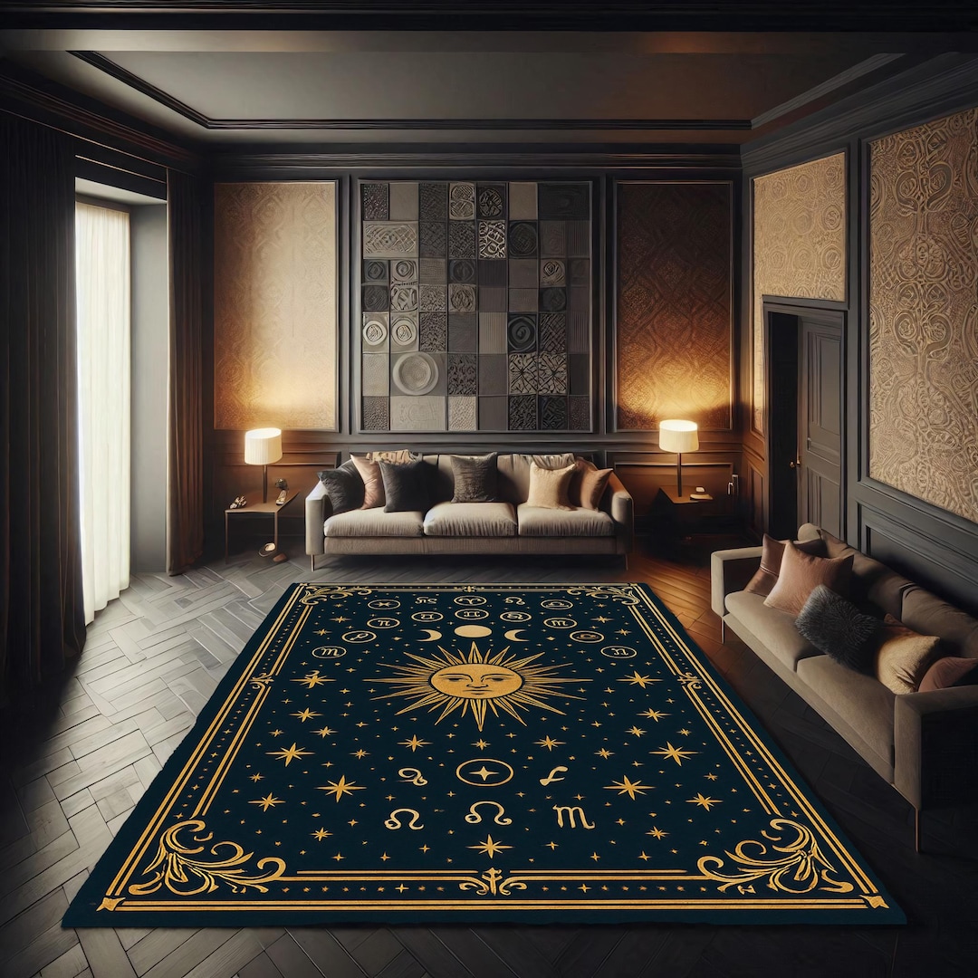 Zodiac Sun Rug With Astrology Symbols - Moon Phases, Golden Celestial ...