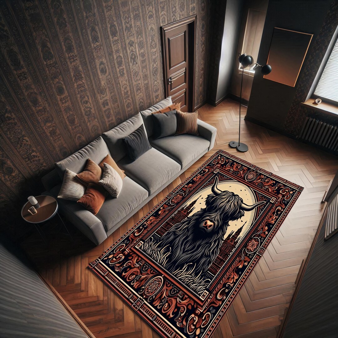 Gothic Highland Cow Rug - Dramatic Black Bull Rug With Medieval ...