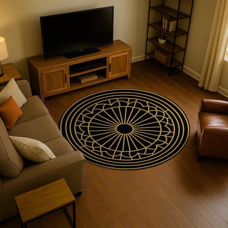 Rose Window Round Rug: Black and Gold Geometric Rosette - Etsy