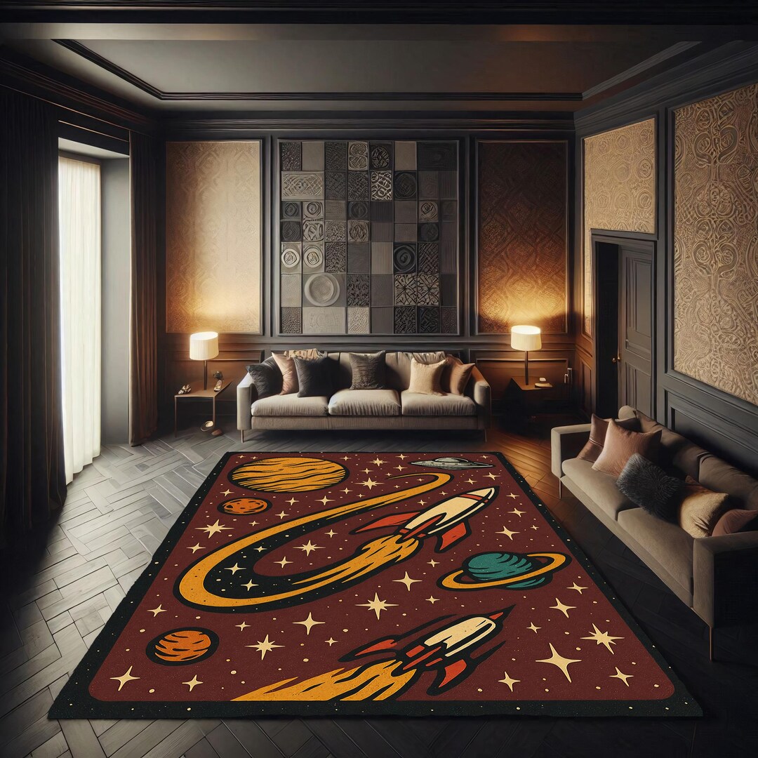 Retro Space Rug: Mid-century Modern Rocket Ship Starfield - Etsy