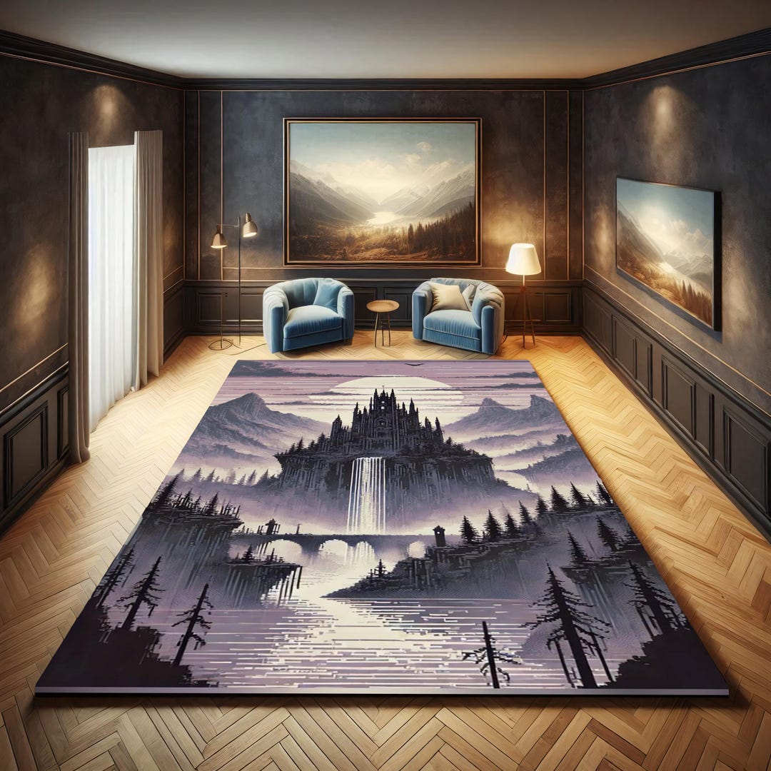 Moonlit Pixel Castle Rug: Dark Fantasy Citadel Waterfall, Gothic Gamer ...