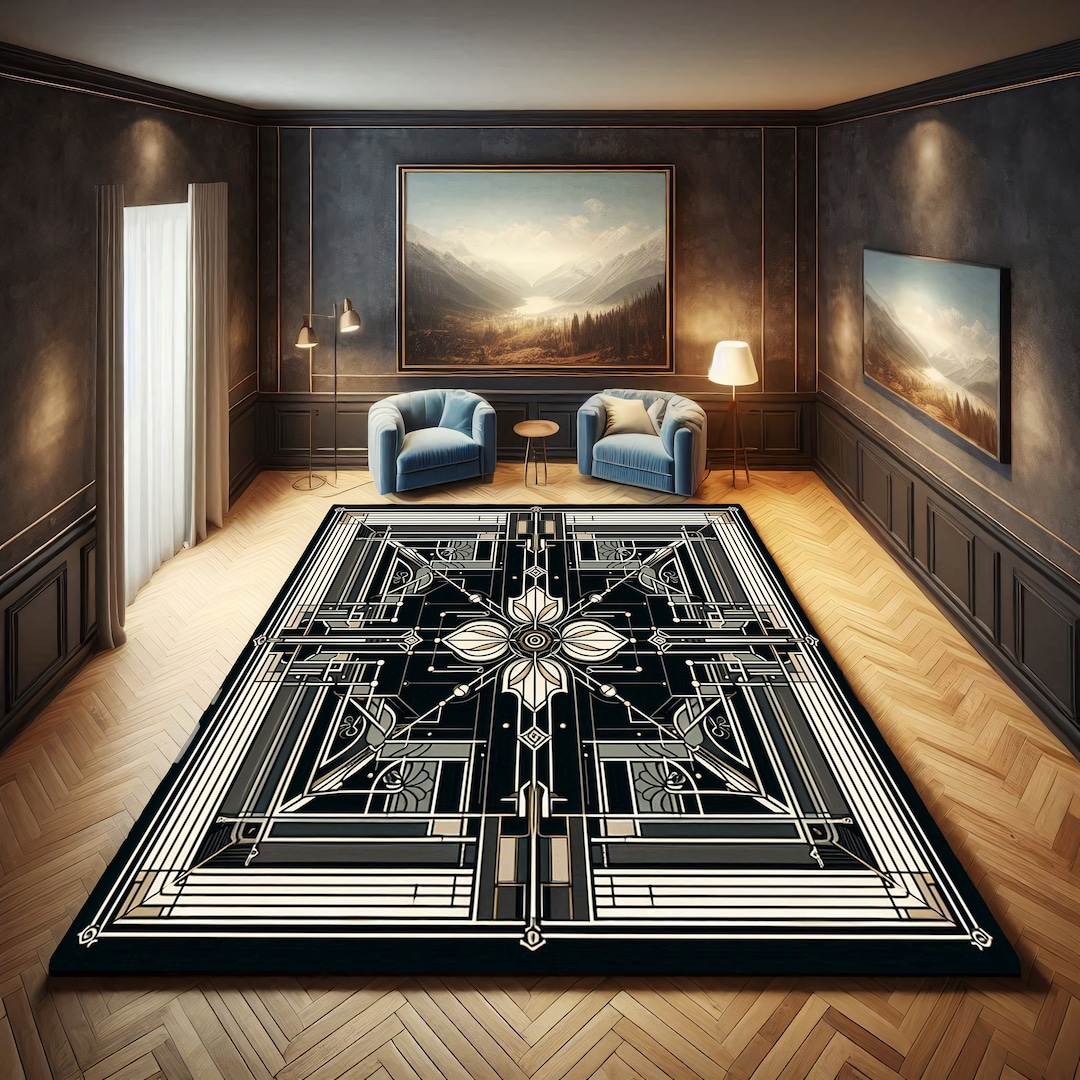 Art Deco Geometric Rug: Cream, Black, and Gold Minimalist Design - Etsy