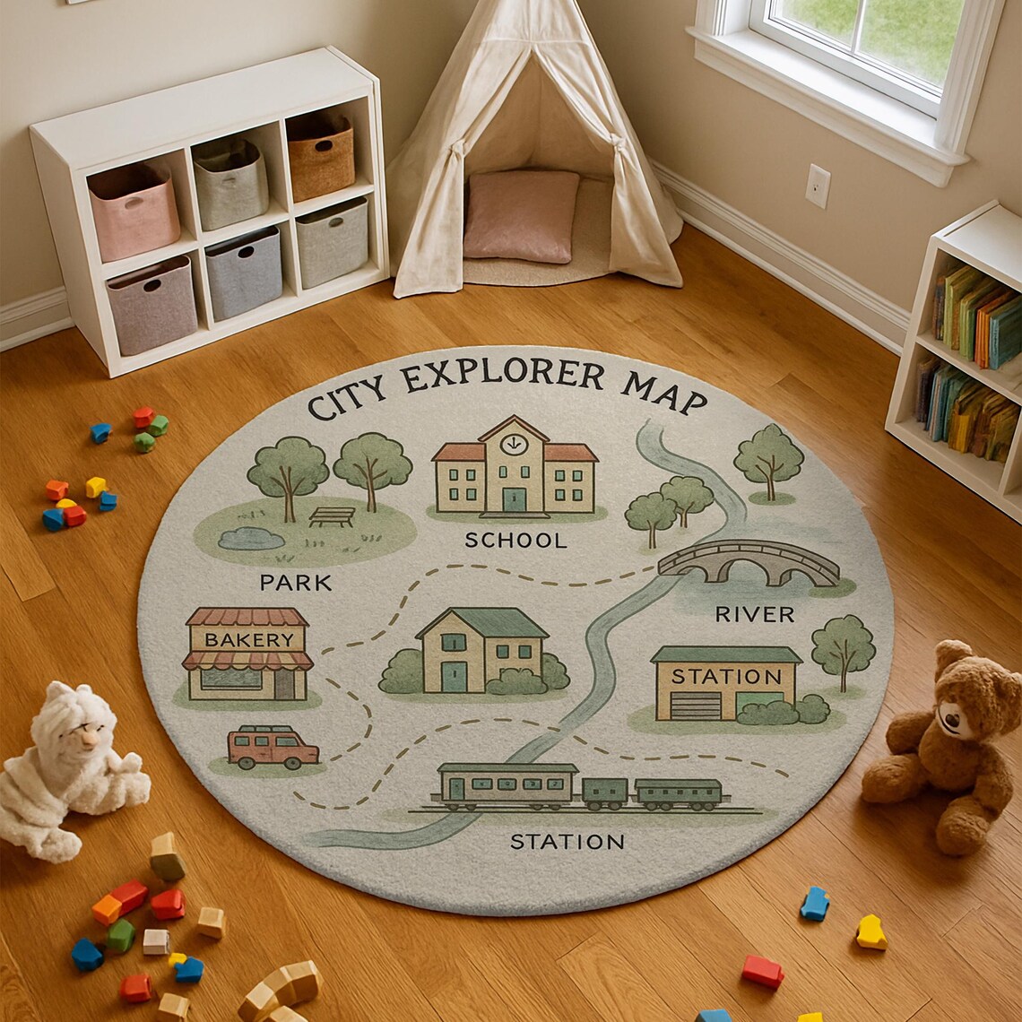 Round City Explorer Map Rug, Washable Urban Play Rug - Etsy