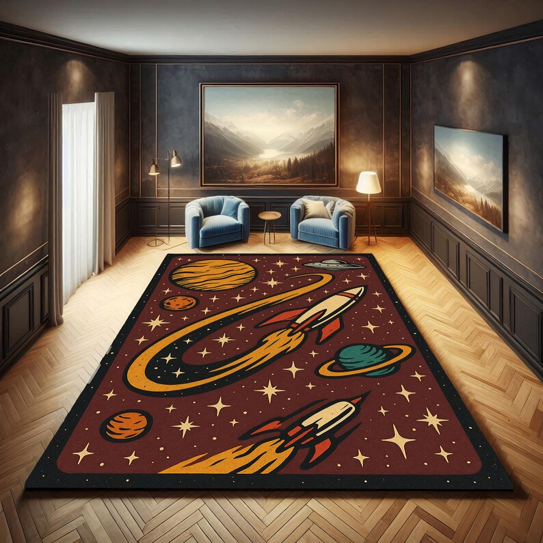 Retro Space Rug: Mid-century Modern Rocket Ship Starfield - Etsy