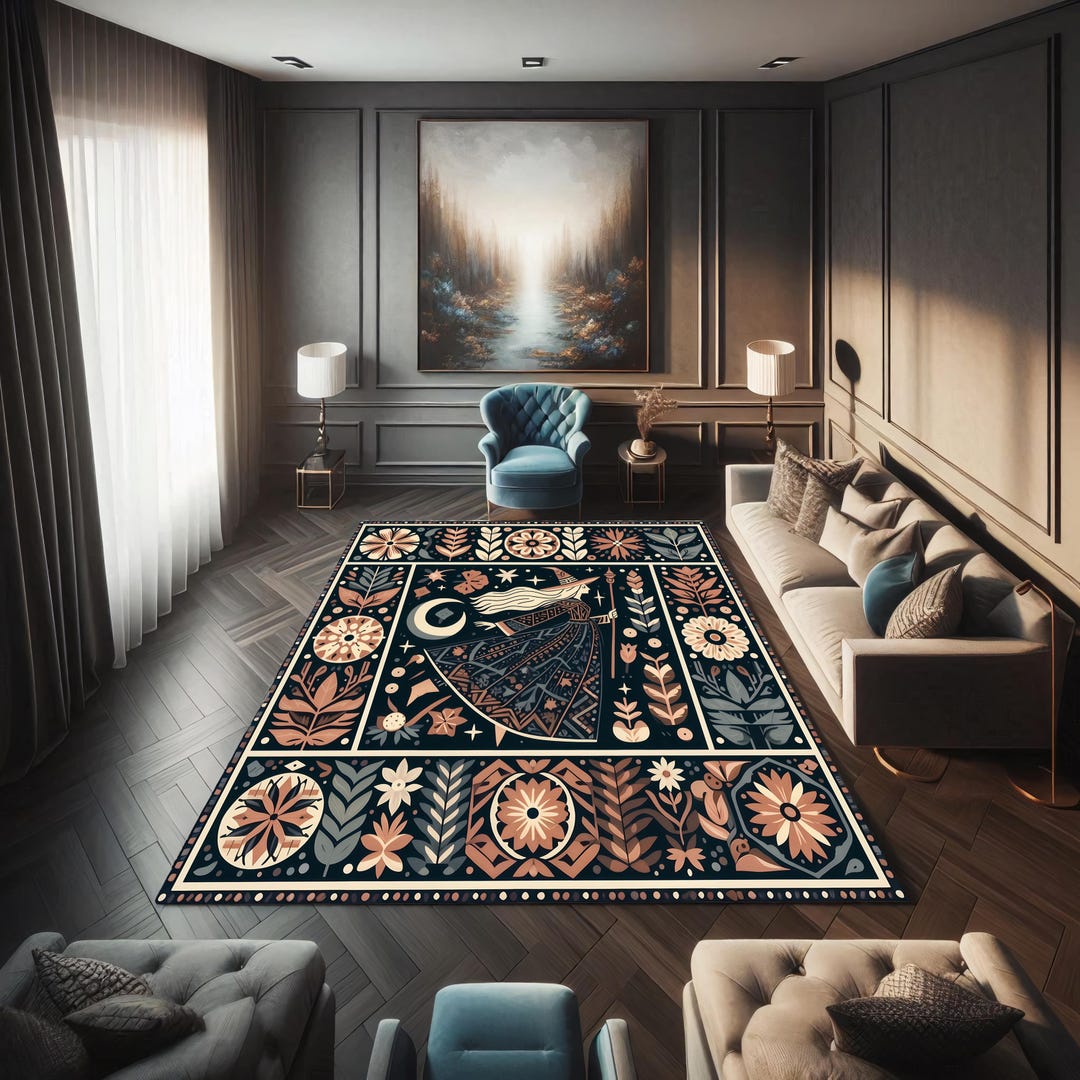 Whimsical Witch Rug: Boho Folk Art Moon & Floral Carpet - Etsy