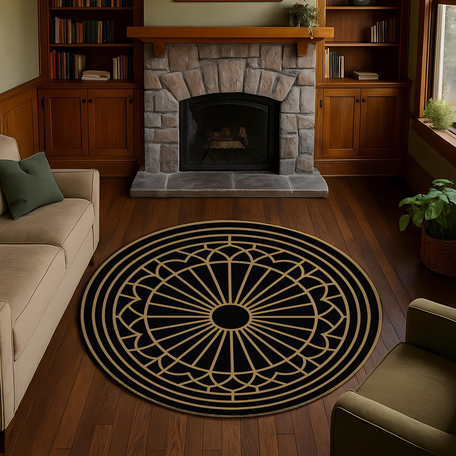 Rose Window Round Rug: Black and Gold Geometric Rosette - Etsy