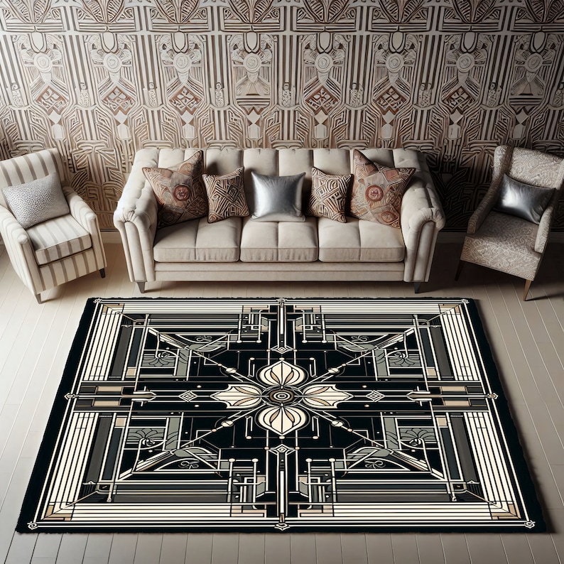 Art Deco Geometric Rug: Cream, Black, and Gold Minimalist Design - Etsy