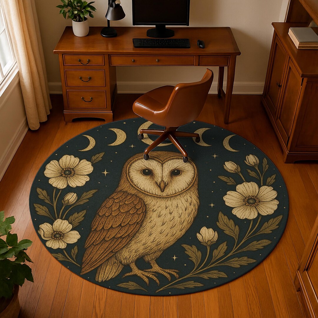 Owl Round Rug: Barn Owl Moon Phases, Night Wildflowers - Etsy