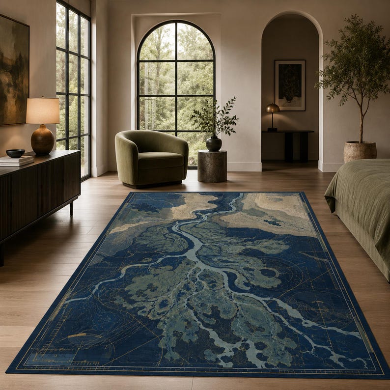 River Delta Cartography Rug, Navy Topographic Map Rug, Sage Terrain ...