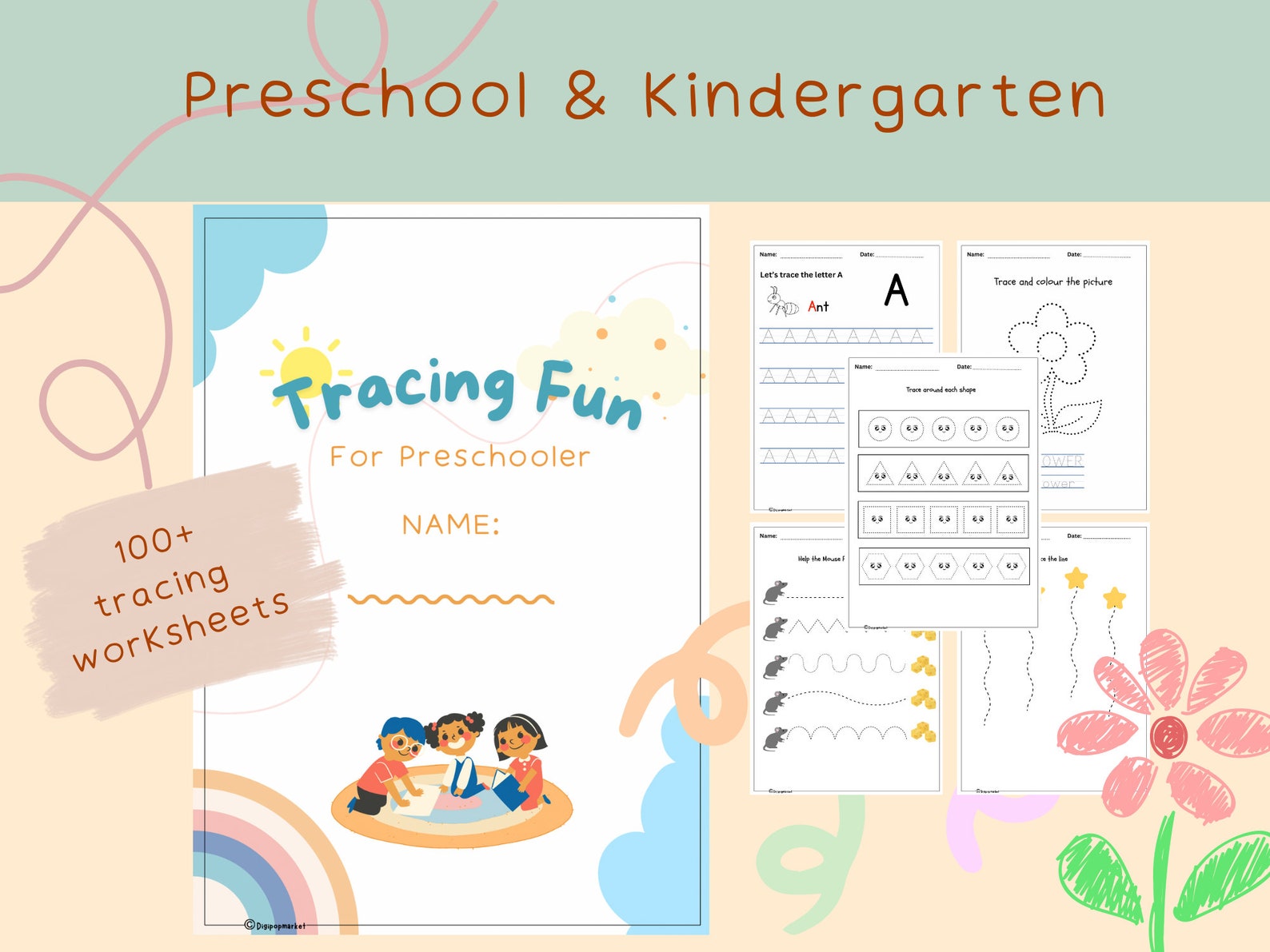 100+ Printable Tracing Fun Worksheets for Preschooler, Kindergarten ...