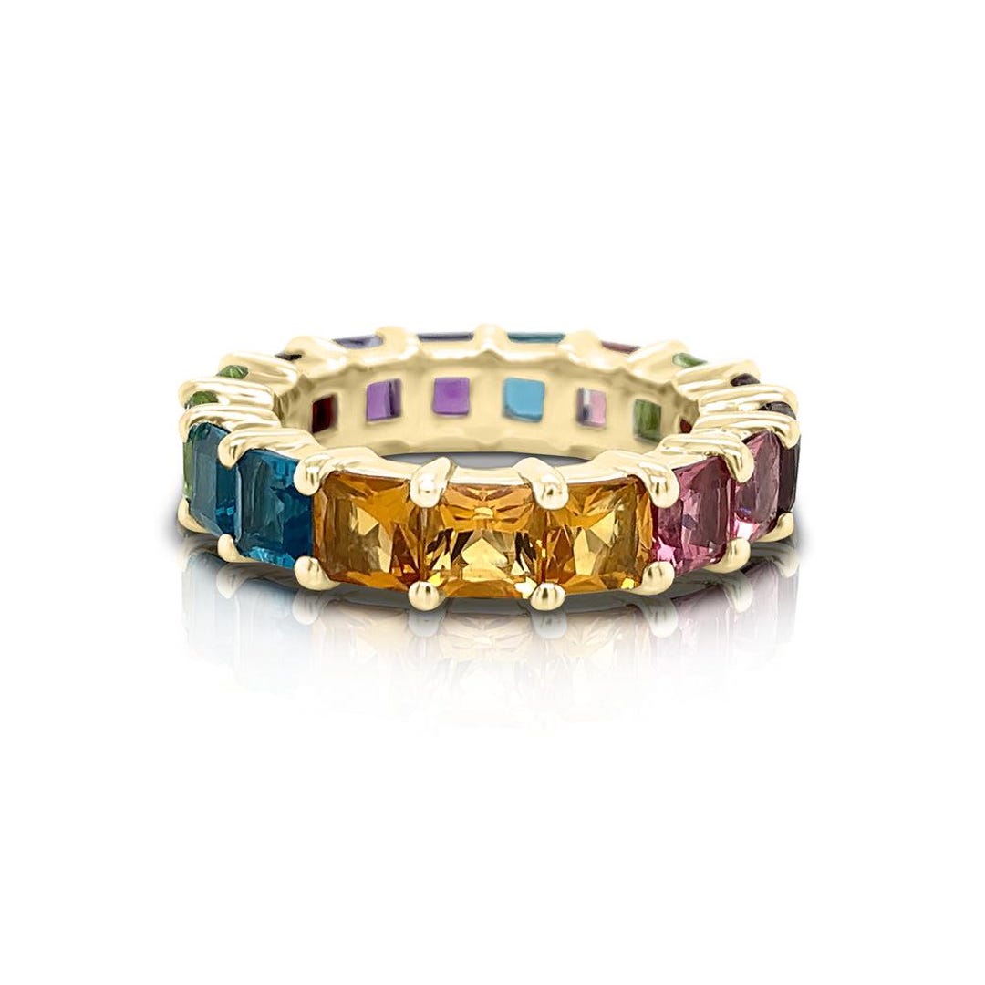 5.00 Carat Princess Cut Rainbow Colored Gemstone Eternity Ring, Multi ...