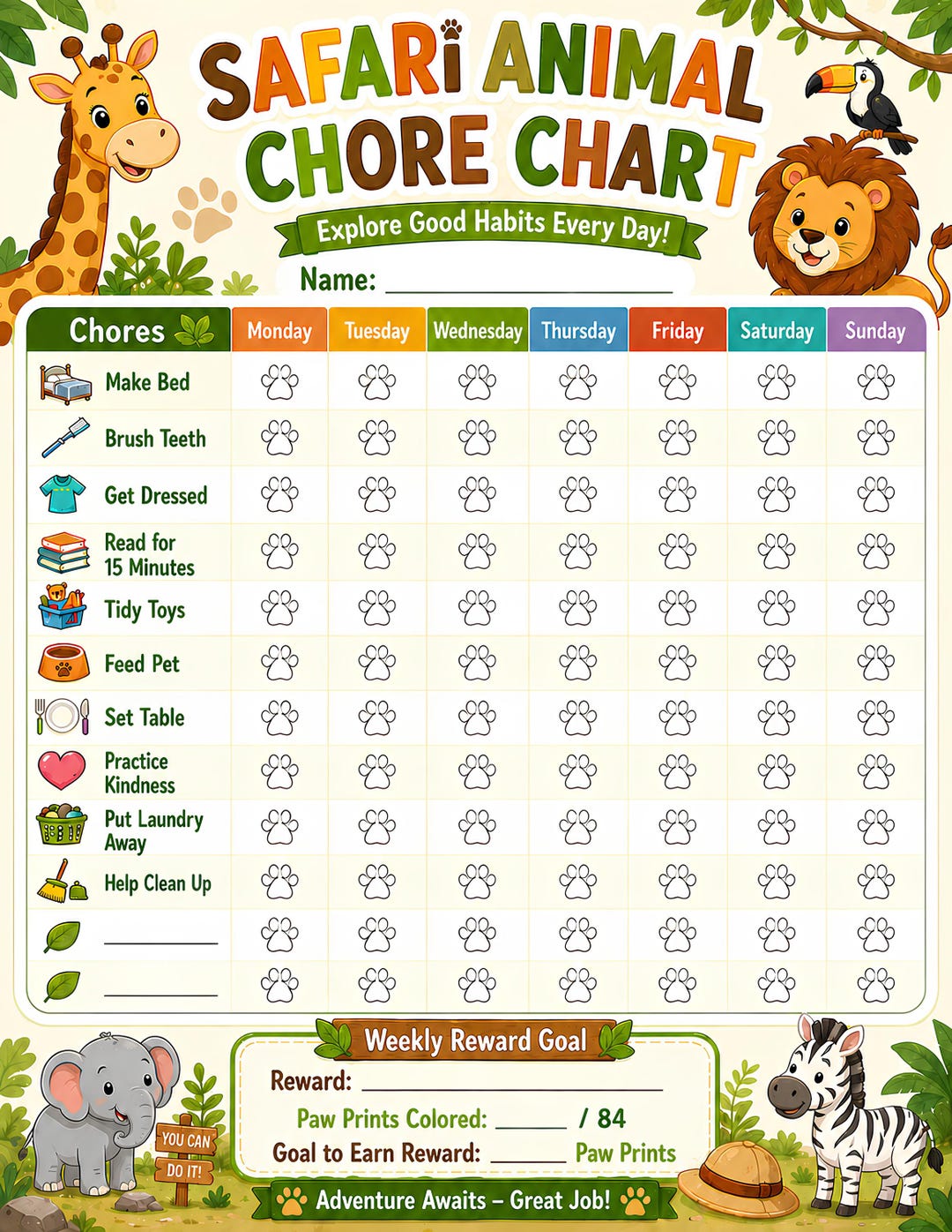 Safari Animal Chore Chart Printable for Kids, Reward Chart, Weekly ...