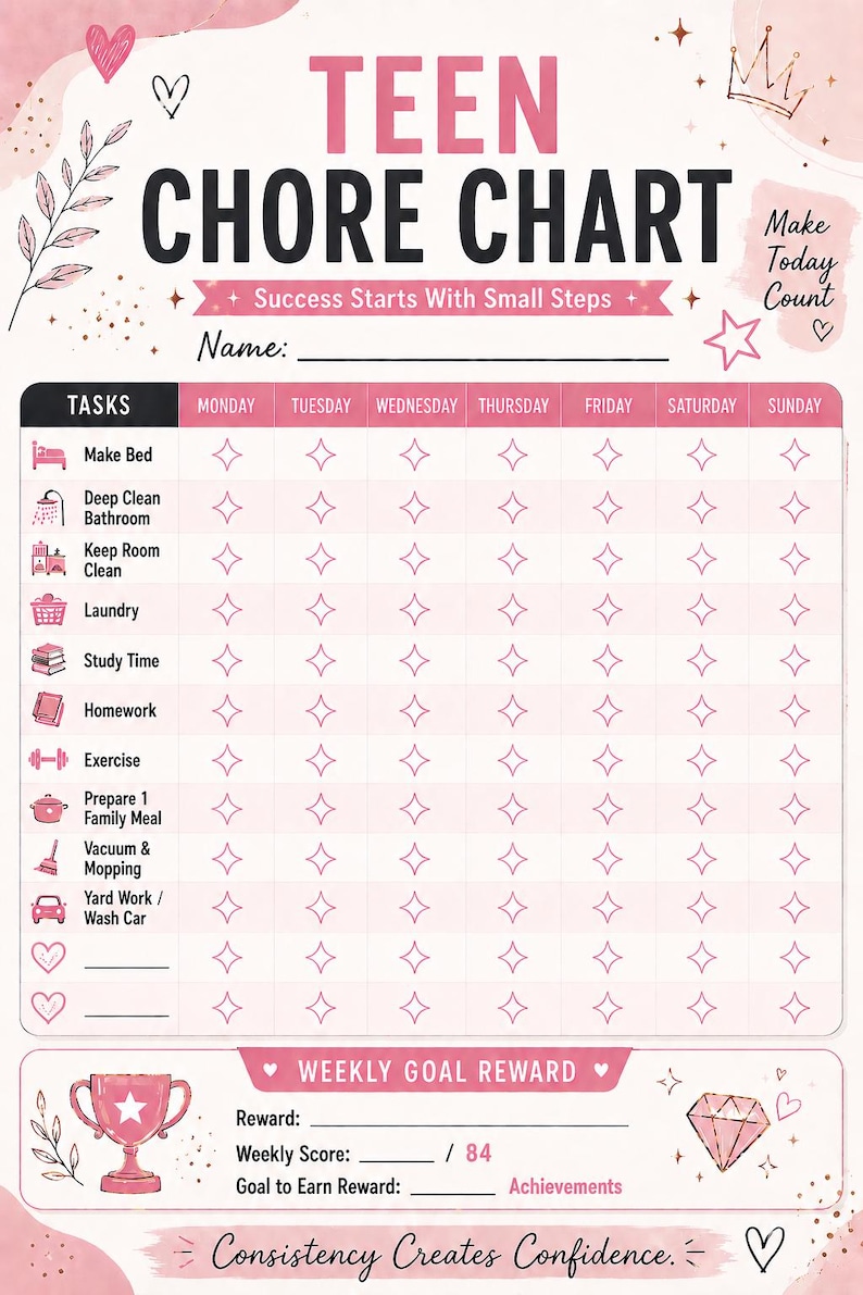 Teen Chore Chart for Girls, Teen Routine Chart, Teen Behavior Chart ...
