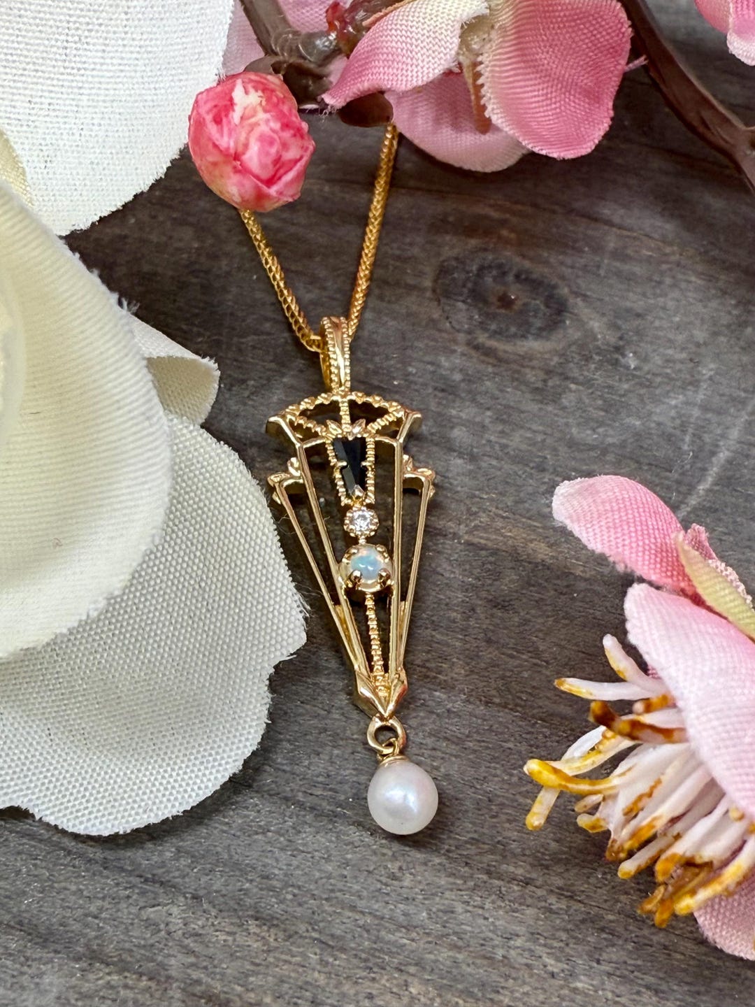 Vintage French Style Lavalier Necklace: 18k Gold, Tourmaline, Pearl - Etsy