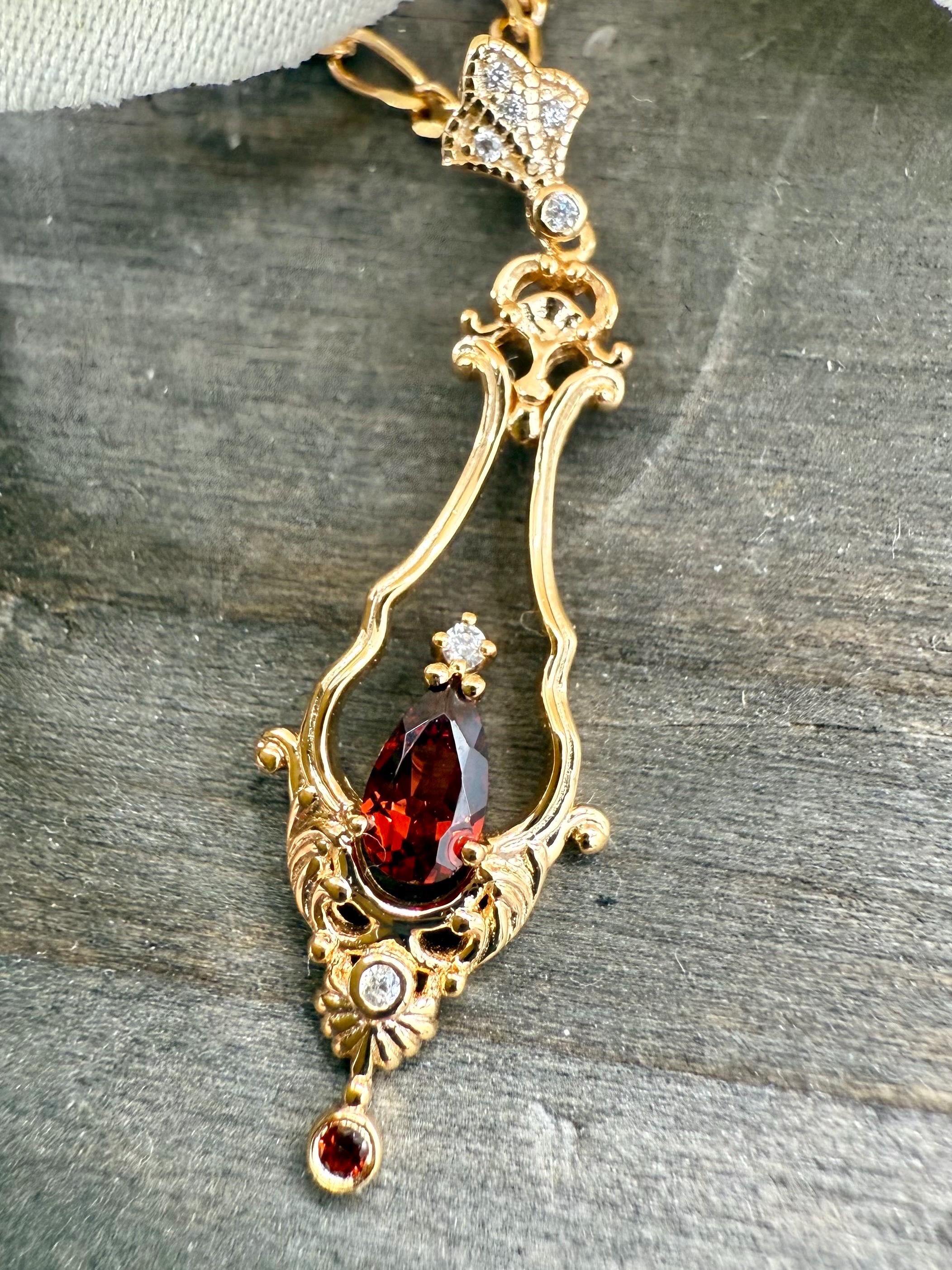 Garnet Lavalier Necklace: 14k Gold Vermeil and Italian Figaro Chain ...