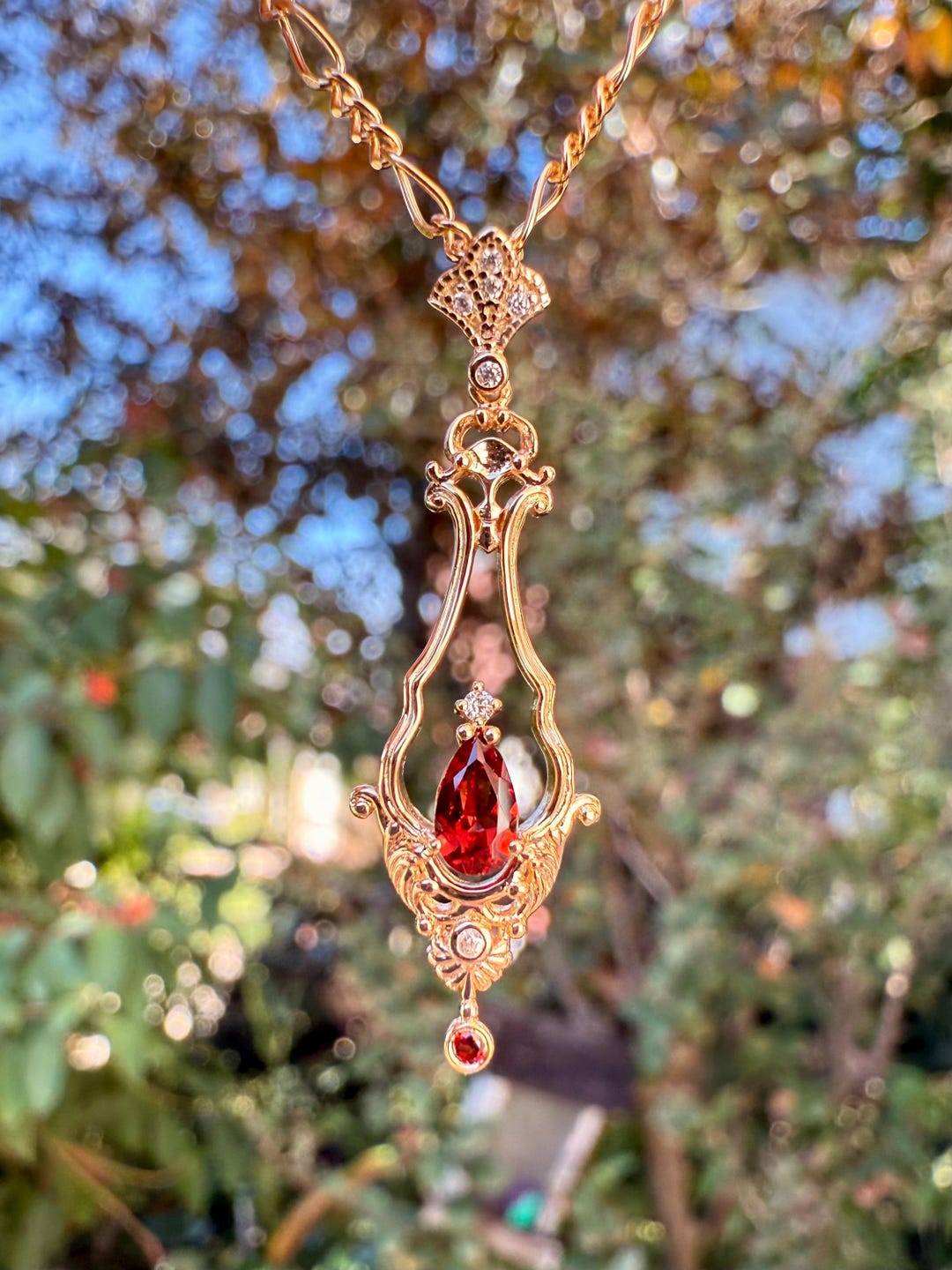 Garnet Lavalier Necklace: 14k Gold Vermeil and Italian Figaro Chain ...
