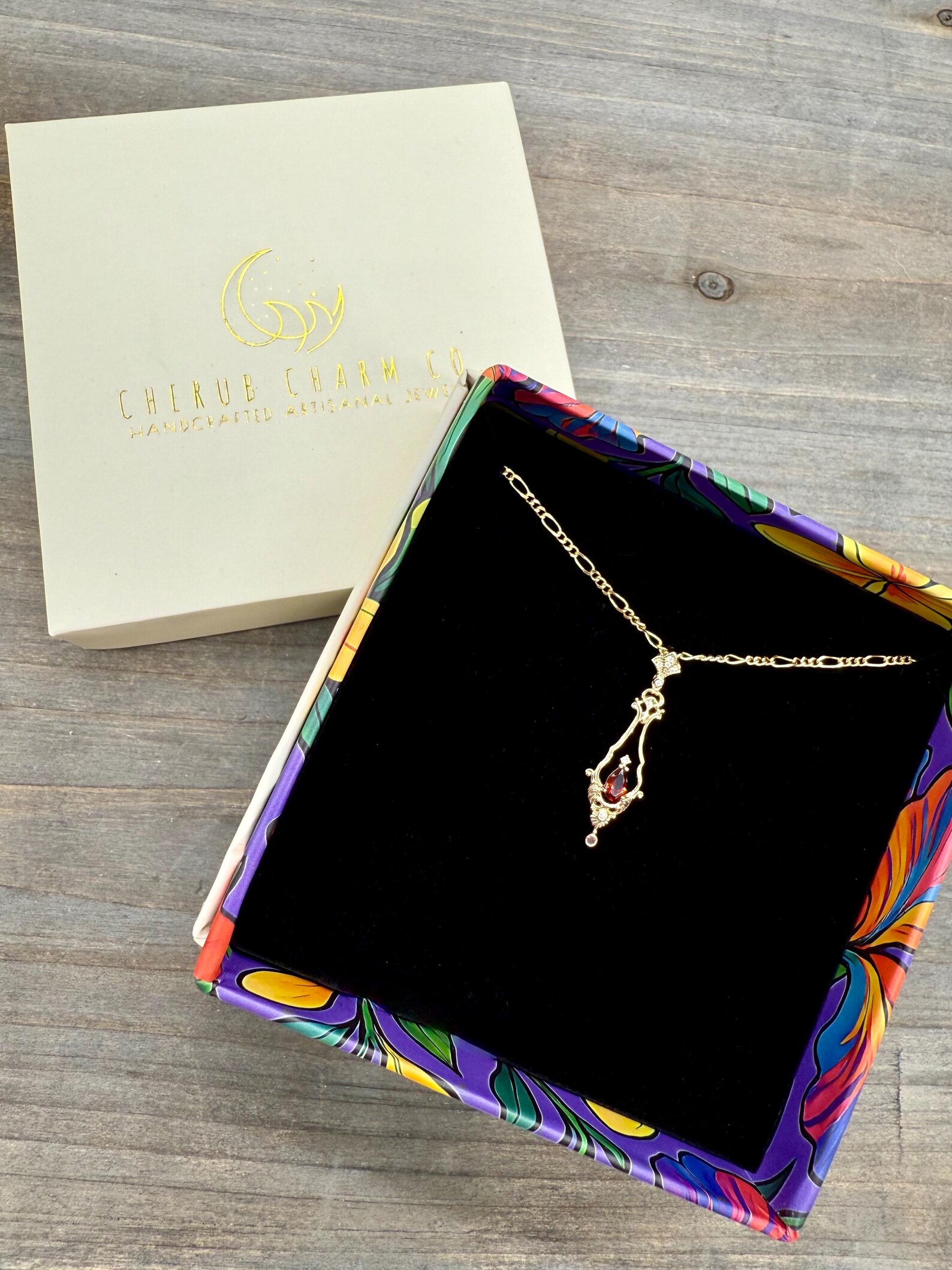 Garnet Lavalier Necklace: 14k Gold Vermeil and Italian Figaro Chain ...