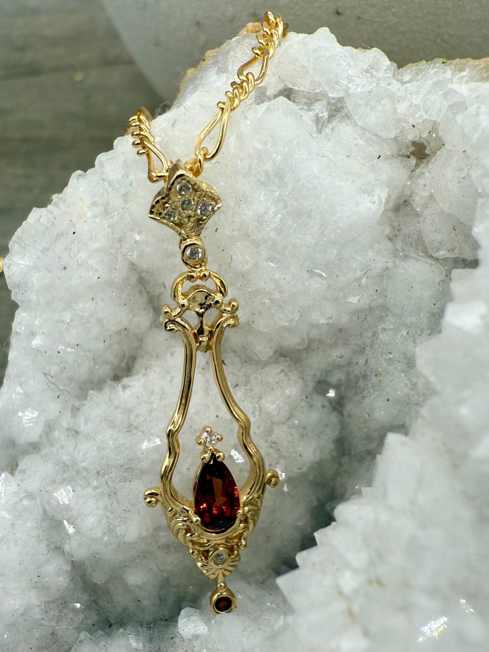 Garnet Lavalier Necklace: 14k Gold Vermeil and Italian Figaro Chain ...