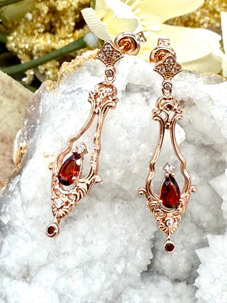 Rose Gold Vermeil Garnet Filigree Earrings: Art Nouveau Openwork ...